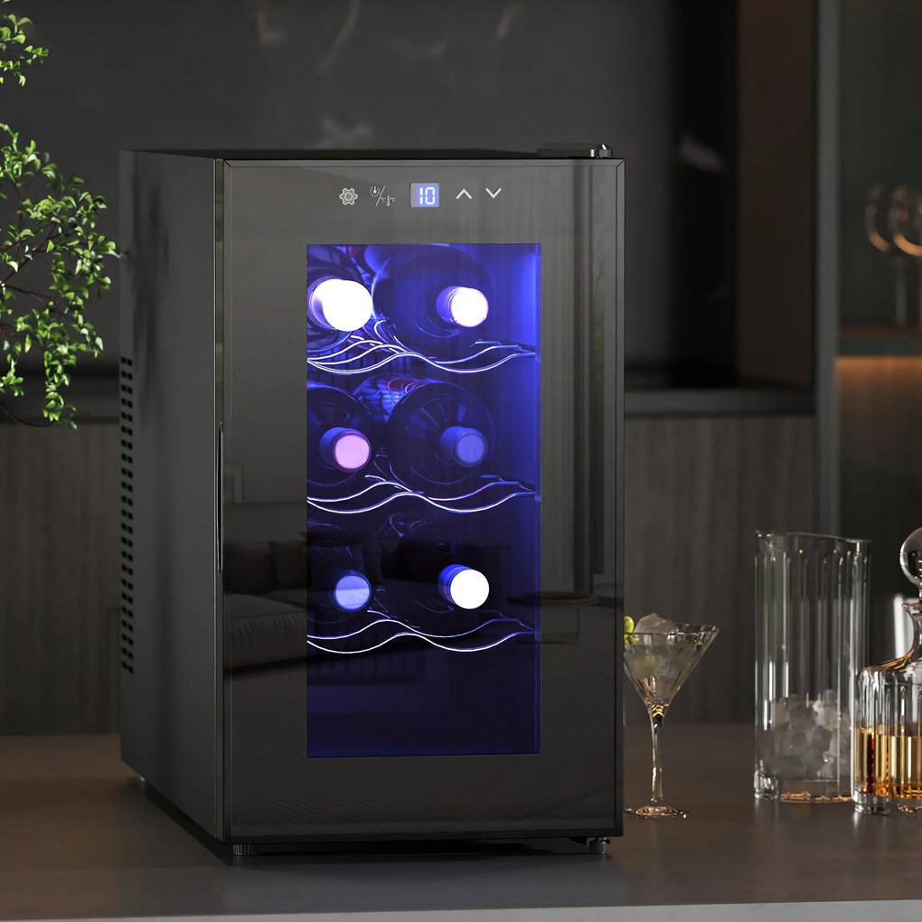 HOMCOM Vinotéka pro 8 lahví, 21 l, termoelektrická, nastavitelné police, LED osvětlení, černá