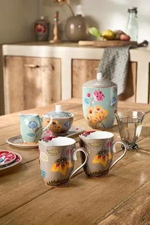 Pip Studio Blooming Tales sada 2ks hrnků 350 ml, khaki (Sada 2ks květinových hrnků v dárkové krabičce)