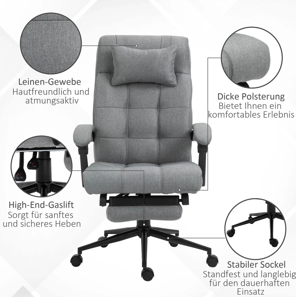 Kancelářská židle Vinsetto s polštářem pod hlavu a područkami, výškově nastavitelná otočná židle s podnožkou, lněná, ergonomická, 66 x 70 x 116-124 c…
