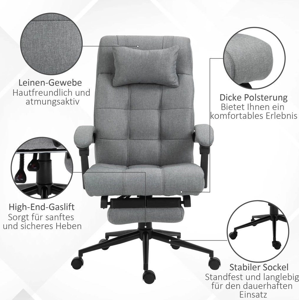 Kancelářská židle Vinsetto s polštářem pod hlavu a područkami, výškově nastavitelná otočná židle s podnožkou, lněná, ergonomická, 66 x 70 x 116-124 cm