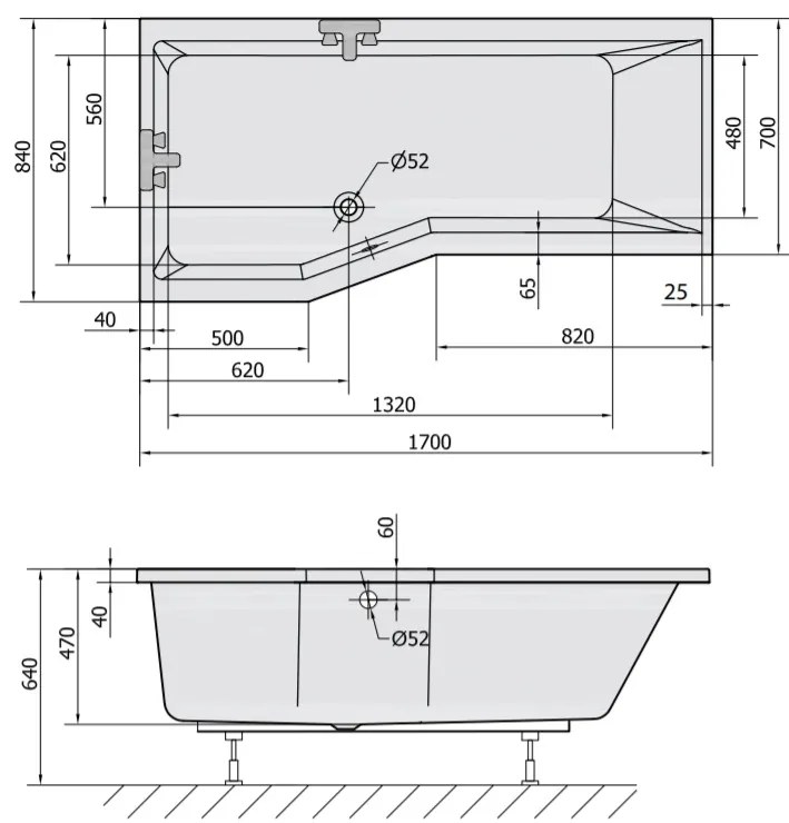 Polysan VERSYS L asymetrická vana 170x84x70x47cm, bílá, 70111