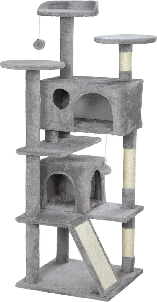 PawHut Kočičí škrabadlo výška 138 cm, strom pro kočky s sisalovými škrabacími sloupy, platformami, úkryty, zavěšenými míčky a hamakem, světle šedé
