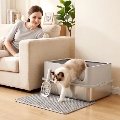 PawHut Kočičí toaleta XL z nerezové oceli s víkem, vysoké boční stěny, lopatka, kartáč, podložka pro koťata až do 8 kg, světle šedá