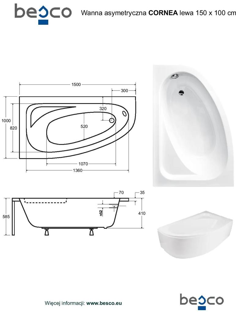 BESCO Asymetrická vana CORNEA Nožičky k vaně - Bez nožiček, Rozměr vany - 150 × 100 cm, Způsob provedení - Levé - VANCOR150L
