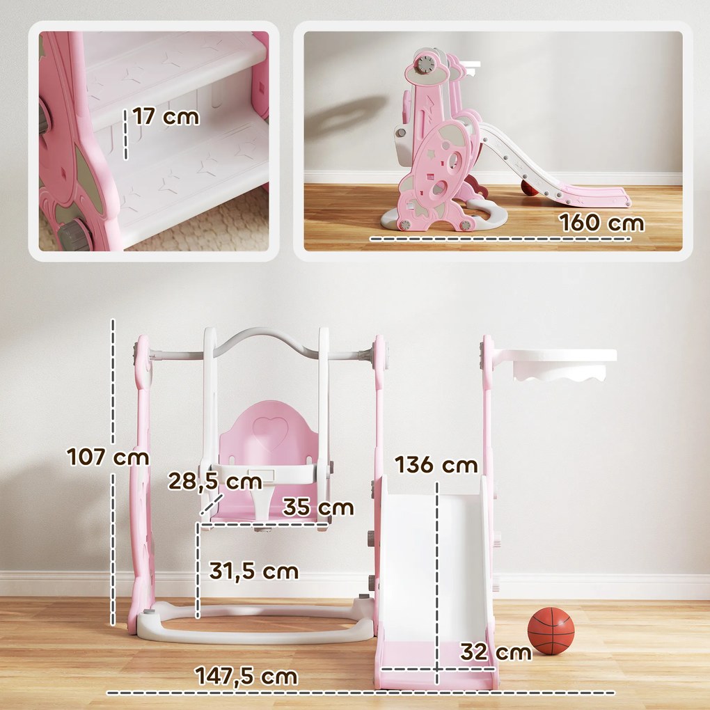 AIYAPLAY Dětské skluzavky 4 v 1 Dětské hřiště se sinkou a skluzavkou, lezecká stěna, koš na basketbal, raketové téma pro indoor hru, Růžová a Bílá