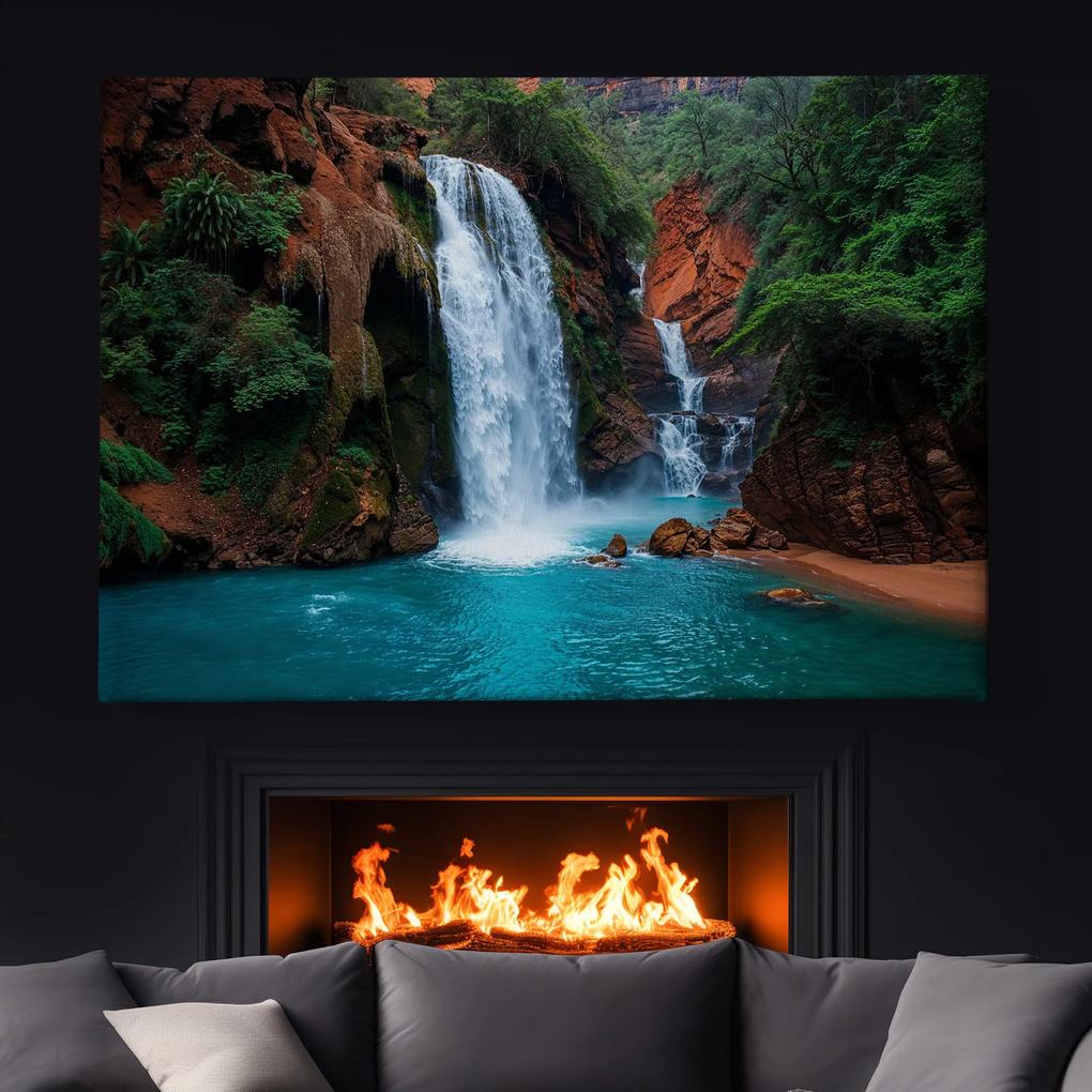 Obraz na plátně - Vodopády pod červenou skálou FeelHappy.cz Velikost obrazu: 150 x 100 cm
