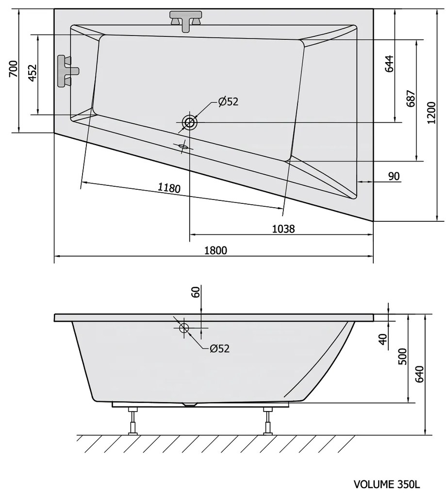 Polysan TRIANGL R asymetrická vana 180x120x50cm, bílá, 20611