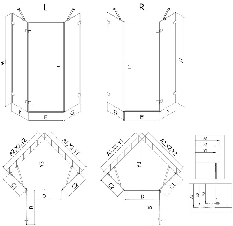 Mexen Lunar, pětiúhelníkový sprchový kout s pravým sklonem 90 x 90 cm, 8mm čiré sklo, zlatý matný profil, 831-090P-090L-55-00-P