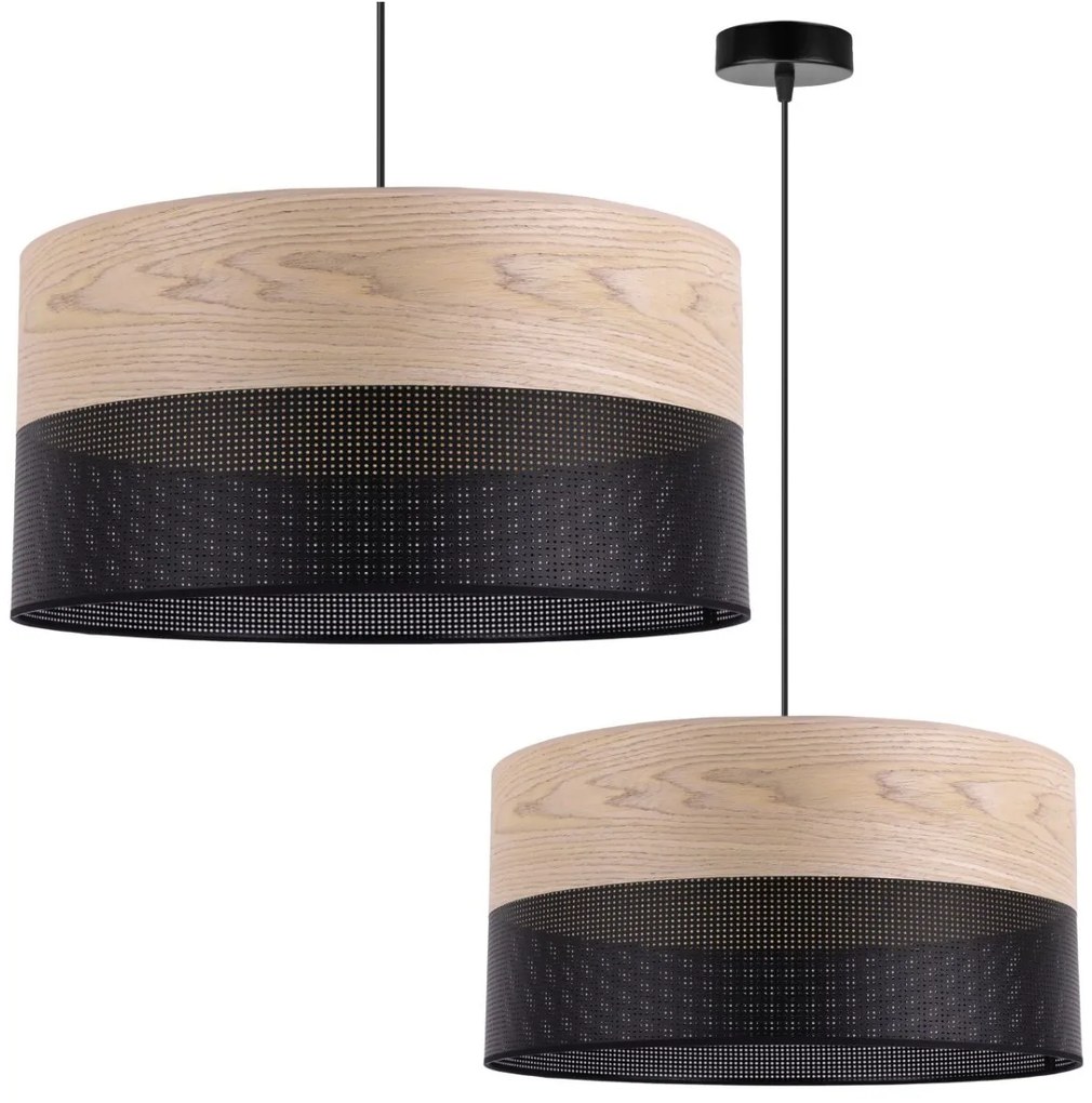 Závěsné svítidlo Wood, 1x béžová dubová dýha/černé plastové stínítko, (fi 44cm)