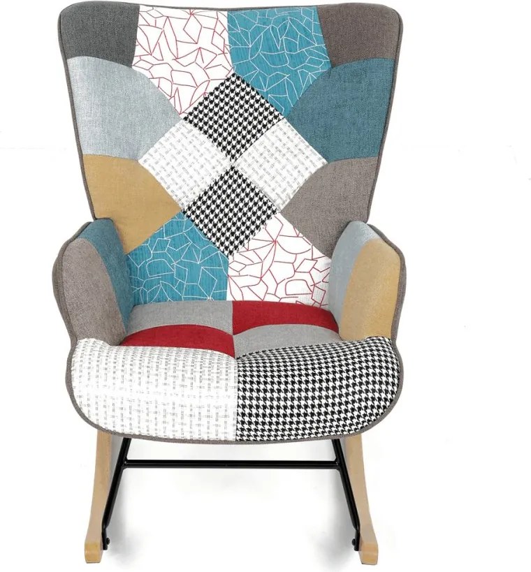 Křeslo houpací, potah patchwork látka, dřevěné nohy, masiv kaučukovník (68 x 80) cm Vícebarevná