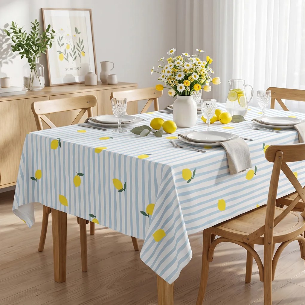 Goldea hranatý ubrus 100% bavlněné plátno - svěží citrony s proužky 100 x 140 cm