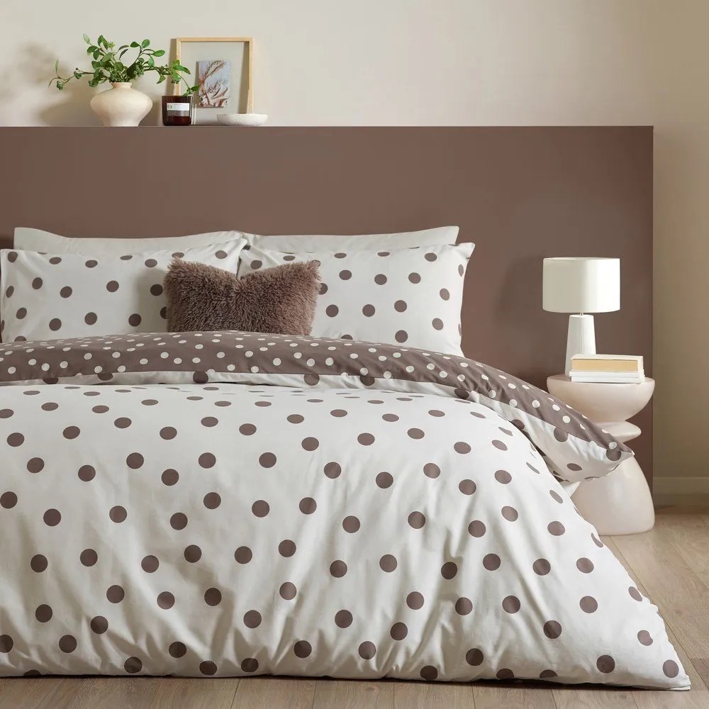 Bílé/tmavě hnědé povlečení na dvoulůžko 200x200 cm Polka Dot – Catherine Lansfield