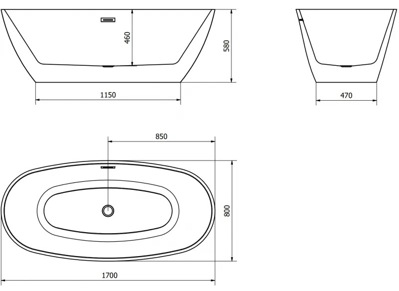 Mexen Eris, volně stojící vana 170 x 80 cm, černá, chromový přepad, 53441708070-01