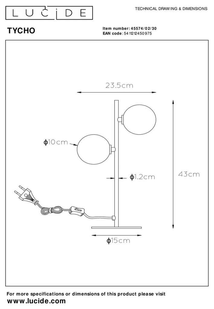 Lucide 45574/02/30 stolní lampa Tycho černá, 2xG9, 43cm