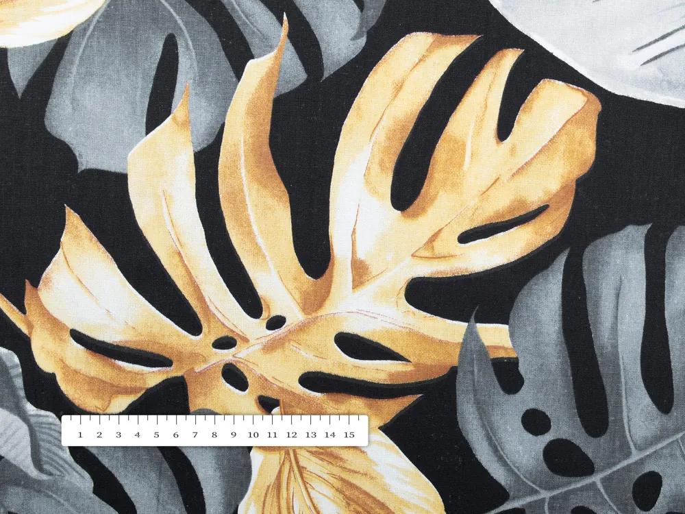 Biante Bavlněný čtvercový ubrus Sandra SA-228 Šedé a zlaté tropické listy na černém 100x100 cm