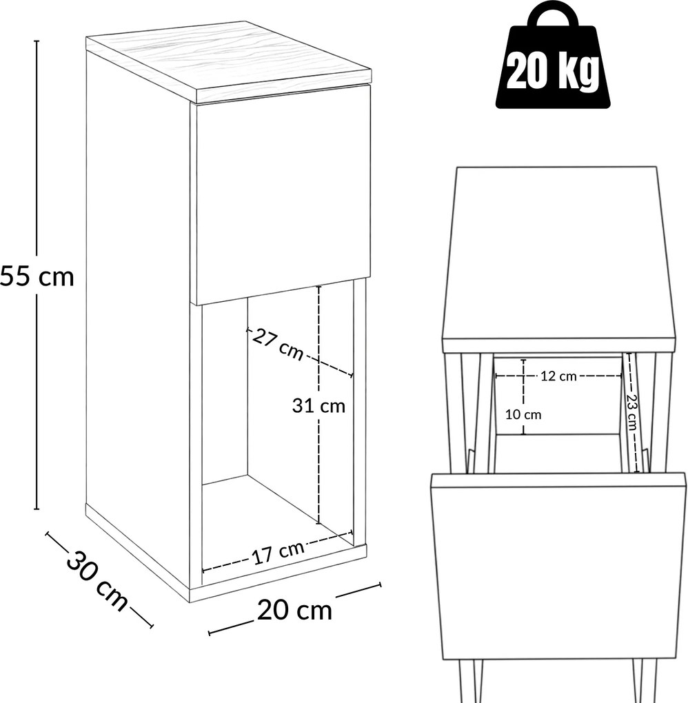 Úzký odkládací stolek TENY, 20 x 30 x 55 cm, bílý