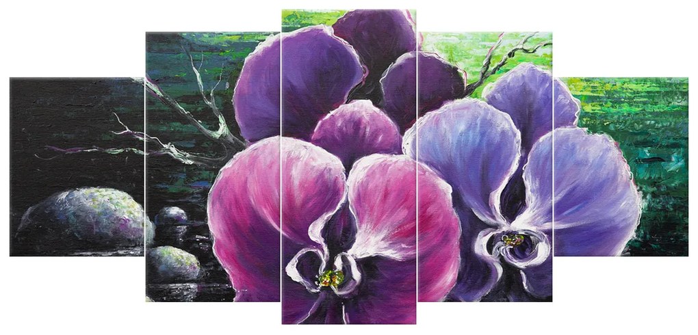 Gario Ručně malovaný obraz Orchidea u potoka - 5 dílný Rozměry: 150 x 105 cm