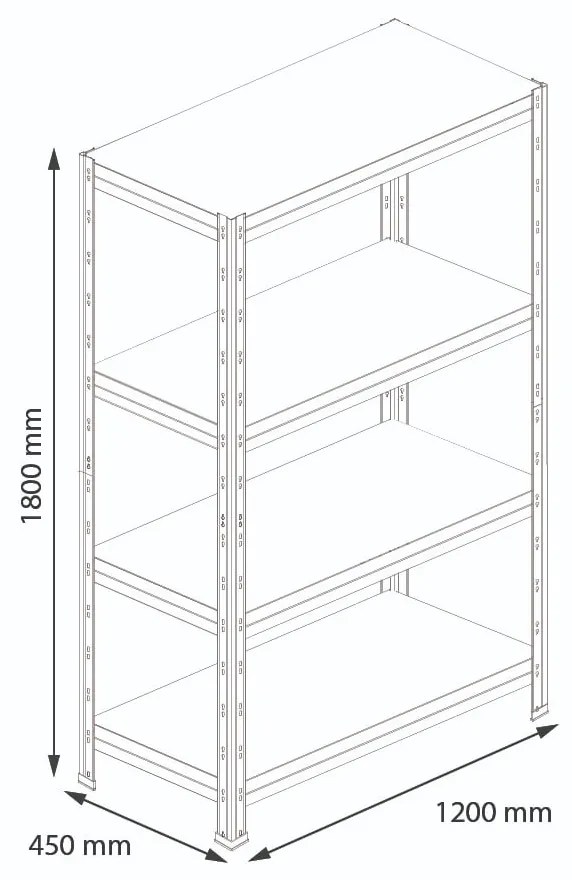 Bezšroubový kovový regál RIVET, 180x120x45 cm, 4x HDF police, zinek