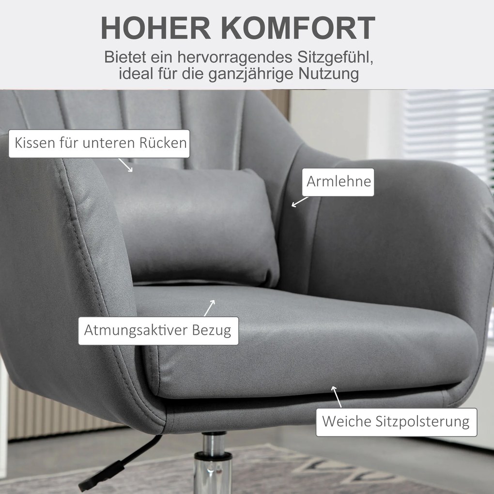 HOMCOM Křeslo Lounge s Područky, Bederní Polštář, Čalouněné Křeslo s Kovovým Rámem, Mikrovlákno, Výškově Nastavitelné Otáčecí Křeslo do Ložnice a Obý…