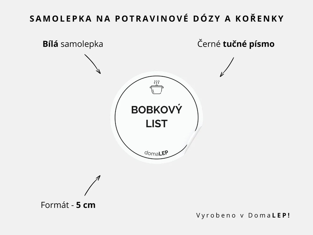 BOBKOVÝ LIST - omyvatelná samolepka na kořenky, výběr rozměrů Ø 5 cm / 5 x 5 cm / 6 x 8 cm | DomaLEP tvar: OBDÉLNÍK, barva: BÍLÁ - ČERNÉ písmo, velikost: š. 6 cm x v. 8 cm – základní písmo