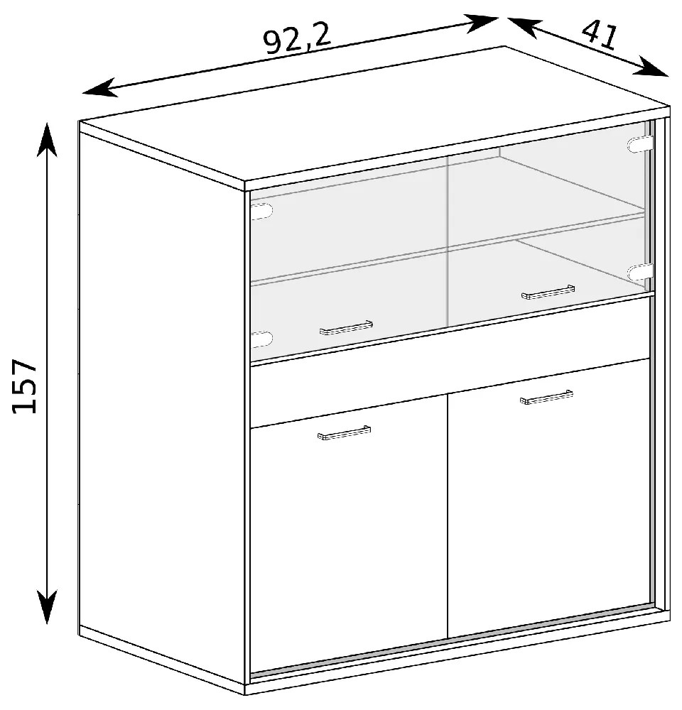 Mediolan - vitrína M5 + KOVOVÉ NOŽIČKY - natural hikora + dekorační deska