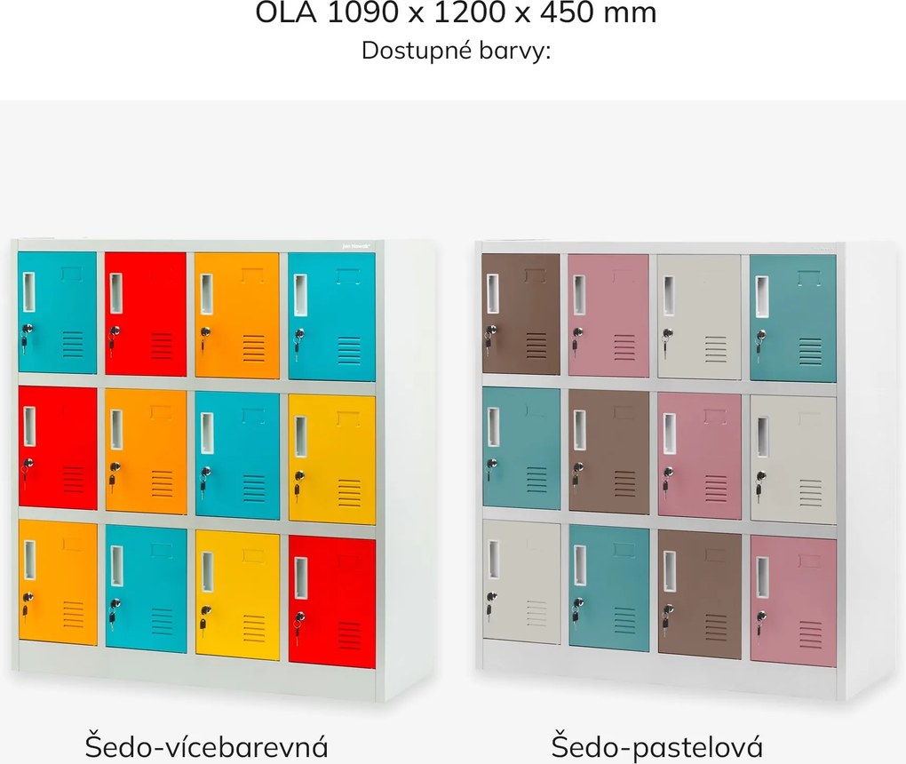 Plechová šatní skříň s 12 boxy OLA, 1090 x 1200 x 450 mm, šedo-více barevní
