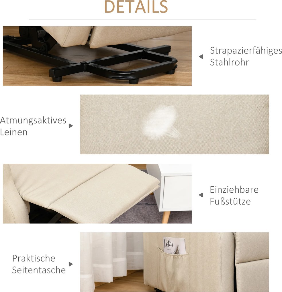 HOMCOM TV křeslo se stojánkem ergonomické elektricky nastavitelné s funkcí polohování 72,5 x 94 x 109 cm krémové barvy pro pohodlné sezení | Aosom.de