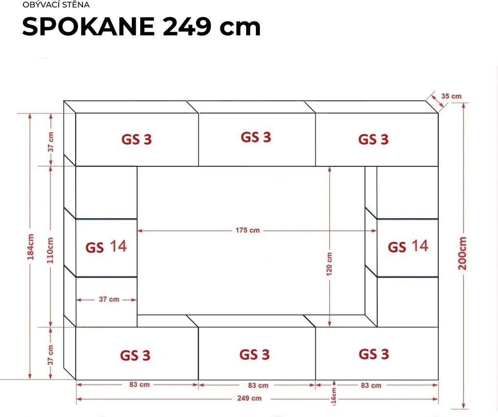 Ral Obývací stěna SPOKANE 3, 249 cm - Černý lesk
