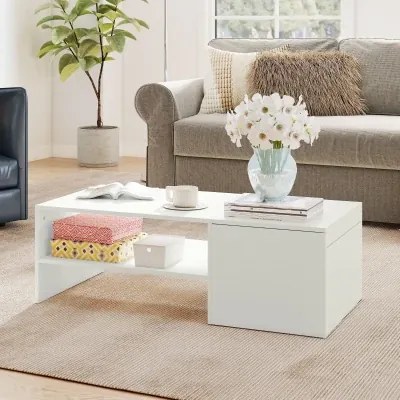HOMCOM konferenční stolek ze dřeva s vysouvací deskou a otevřeným i skrytým úložným prostorem, 110x52x36 cm, bílá