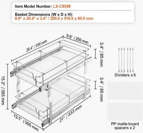 2-vrstvá drátěná výsuvná skříňka pod dřez Organizér 30,5 × 53,3 cm zásuvkový koš