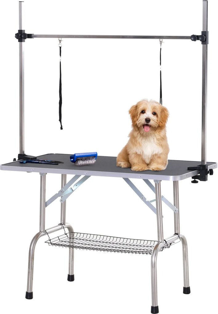 PawHut Trimovací stůl výškově nastavitelný skládací stůl pro psy s košíkem pod ním 107x60x170cm v černé barvě