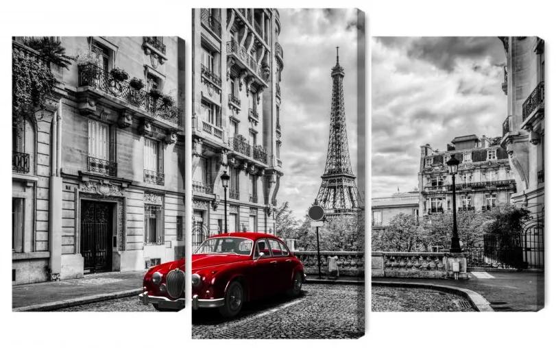Vícedílný obraz Červené Retro Auto Na Pozadí Eiffelovy Věže Nedostatek Nedostatek Plátno Canvas 120x80