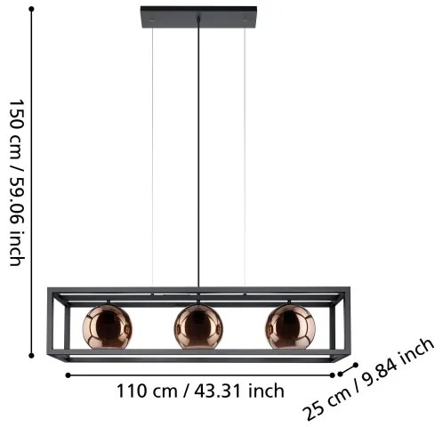 Eglo 390091 - Lustr na lanku CORDOBA 3xE27/40W/230V měděná/černá