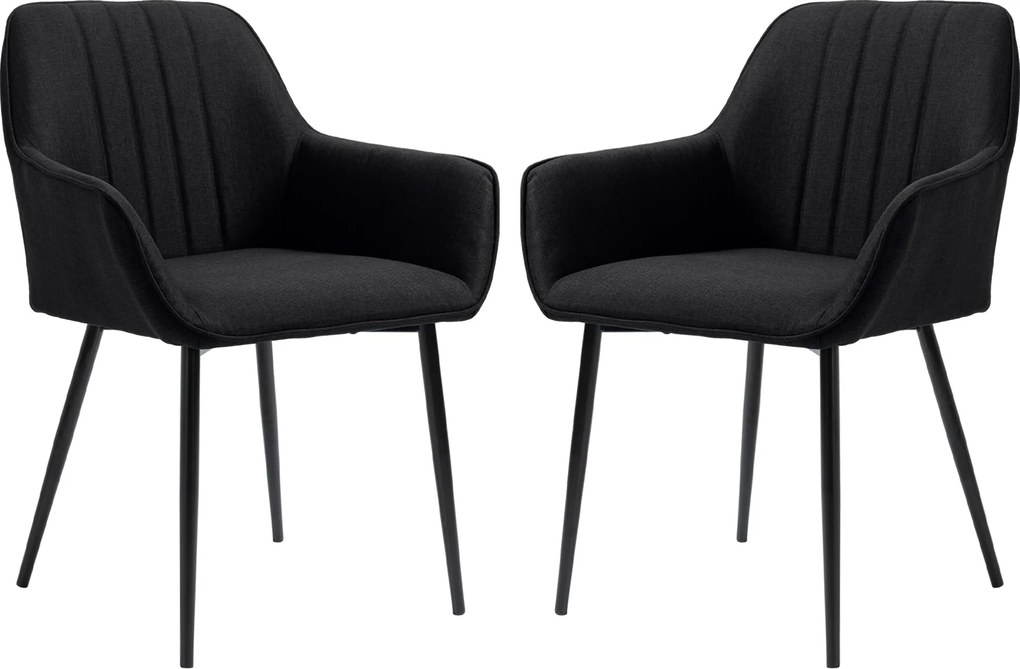 Jídelní židle HOMCOM v severském designu - Sada 2 židlí - Černé zkosené kovové nohy - Ergonomické lněné černé sedáky, opěradla a područky | Aosom