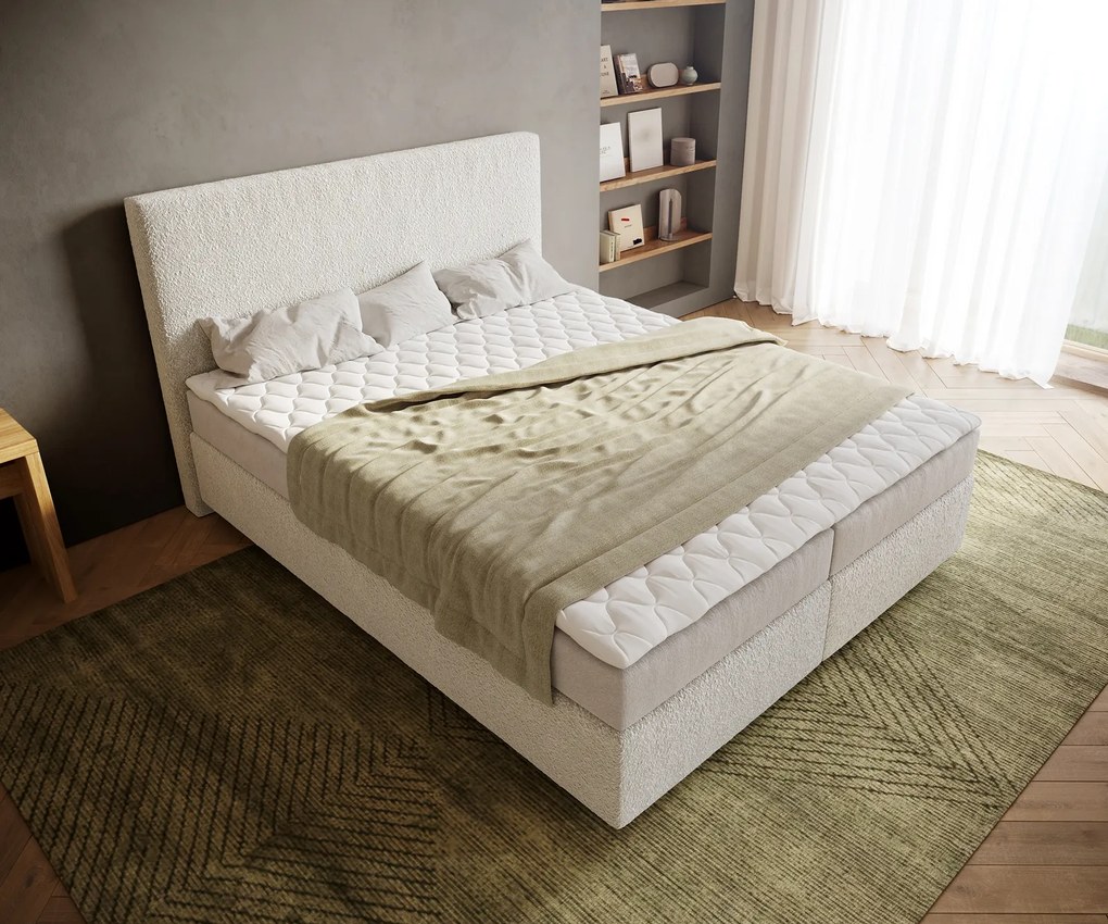 DELIFE Boxspring postel Dream-Well 160x200 cm bouclé krémovo-bílá s matrací a topperem