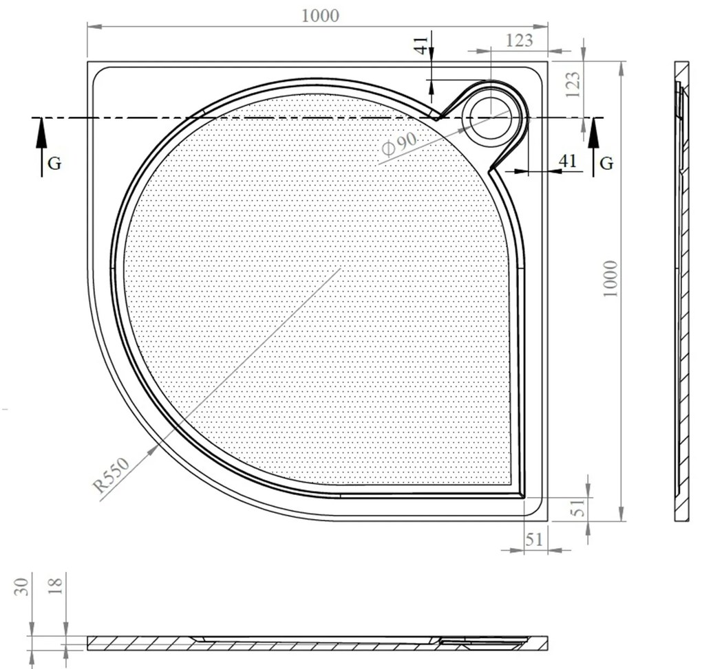 Gelco ARCA sprchová vanička z litého mramoru, čtvrtkruh 100x100cm, R550 - PA551