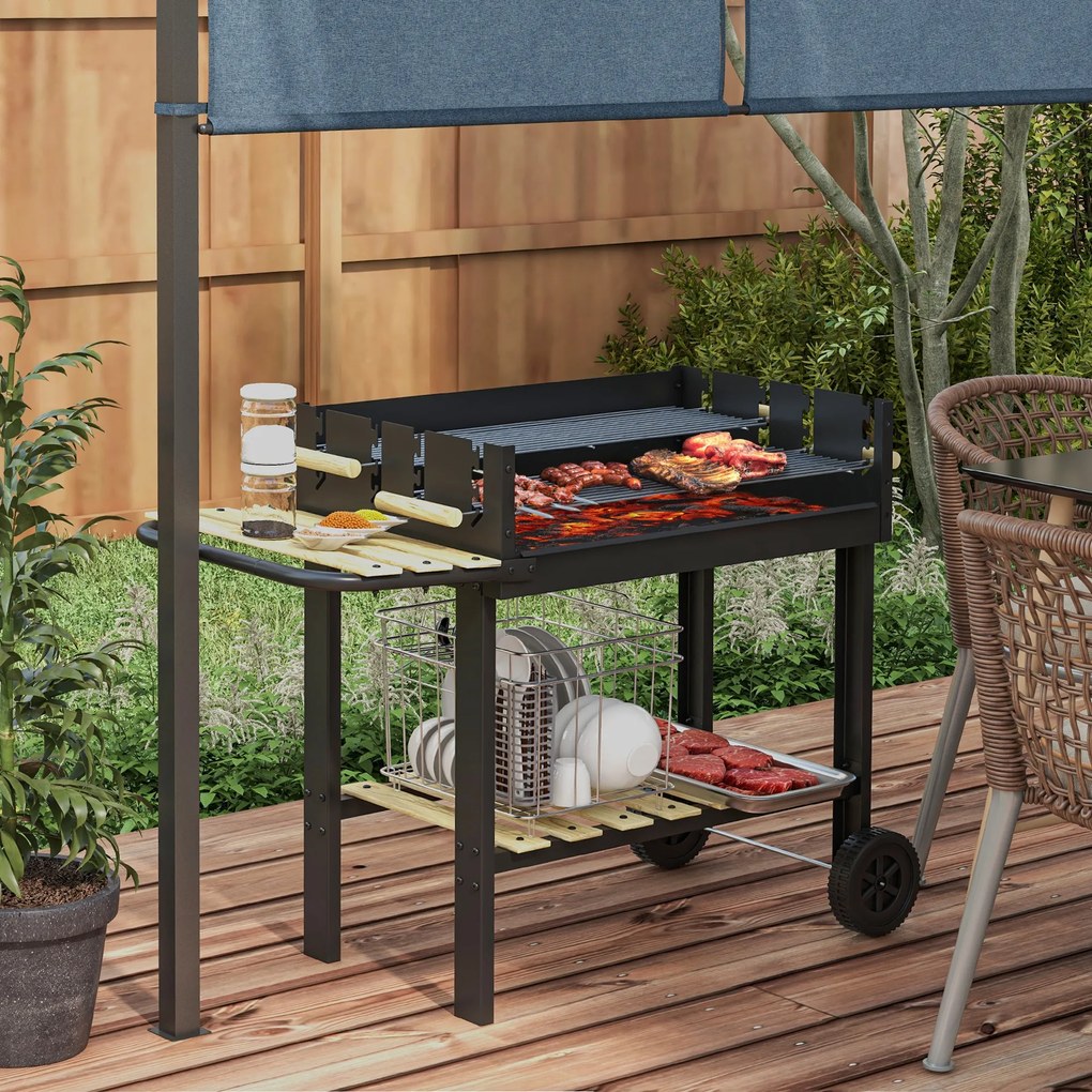 Outsunny gril na dřevěné uhlí BBQ kempinkový gril se dvěma rošty a odkládací plochou, kovový, černý 113x53,5x82,5cm na zahradu a terasu | Aosom.de