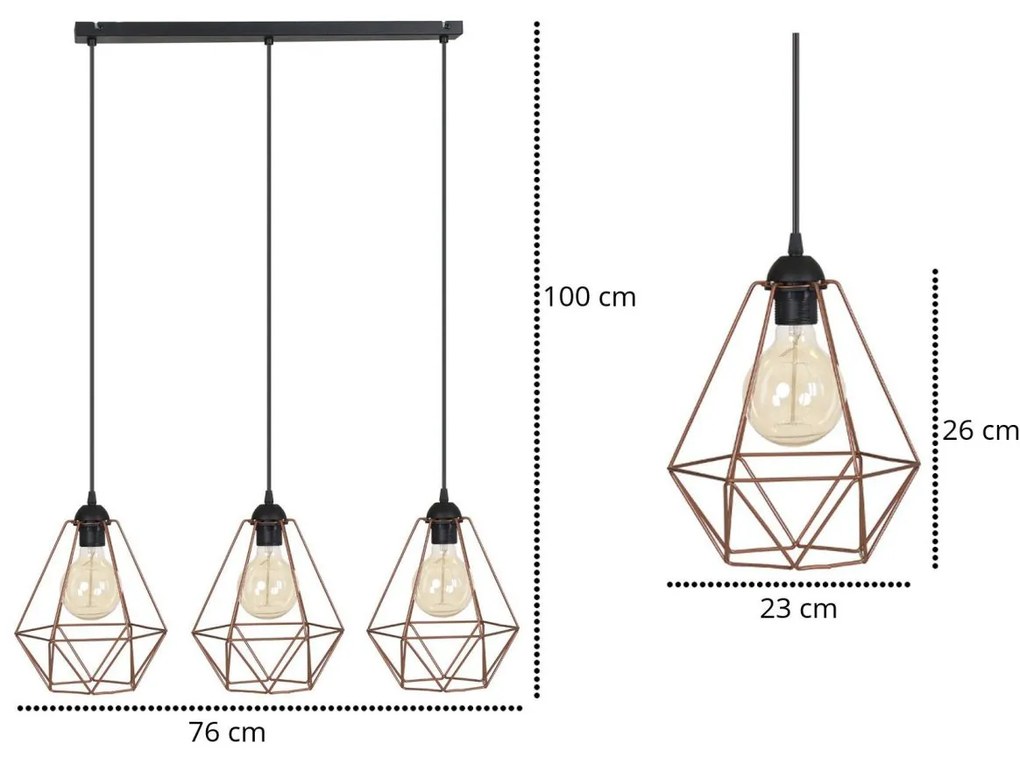 Závěsné svítidlo FUSION, 3x měděné drátěné stínítko