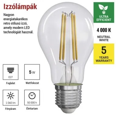 Emos lighting LED žárovka Filament A60 A CLASS/ E27 / 5 W (75 W) / 1 060 lm / neutrální bílá 1525283412