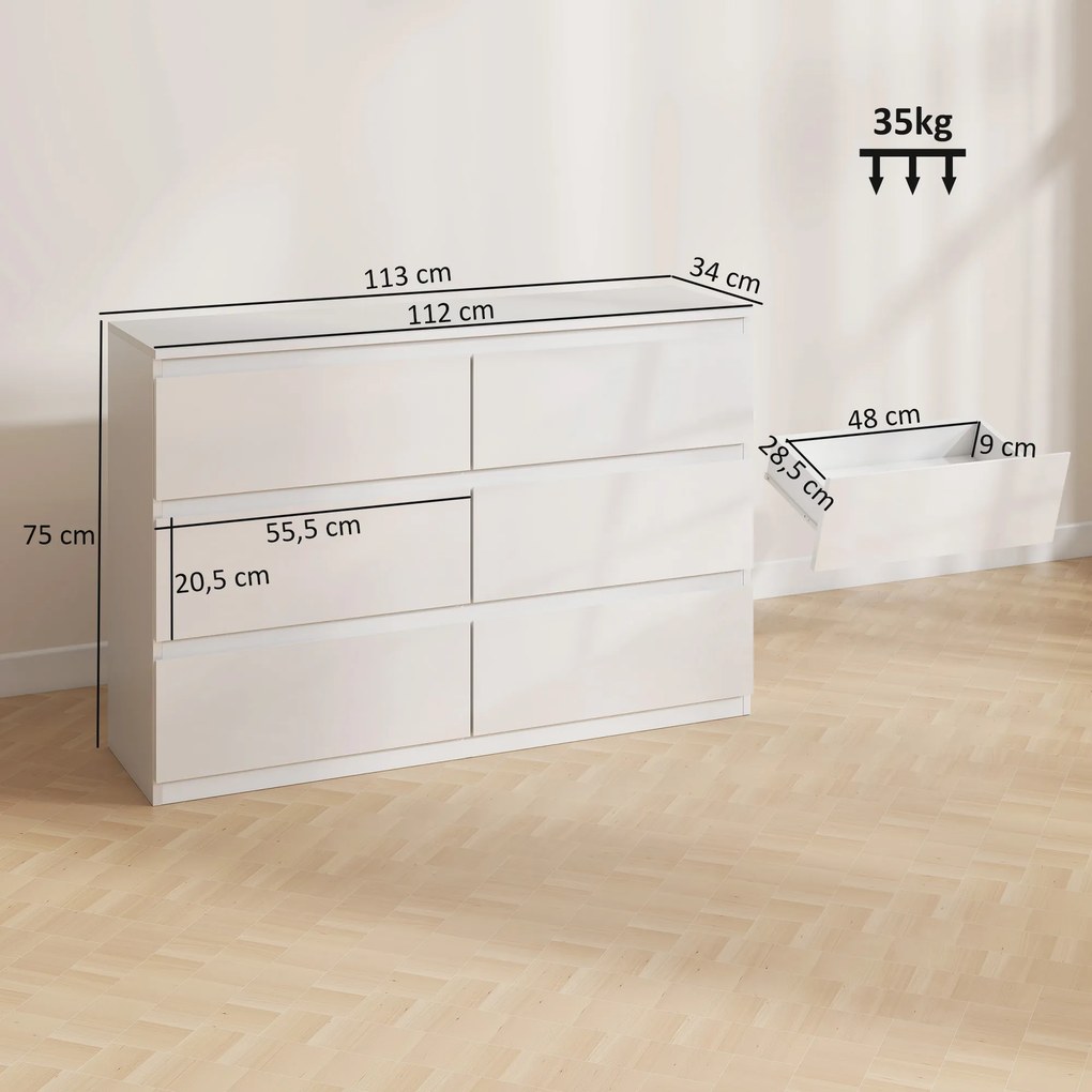 HOMCOM komoda se 6 dřevěnými zásuvkami, moderní a všestranná ložnicová komoda, 112x34x75 cm, bílá