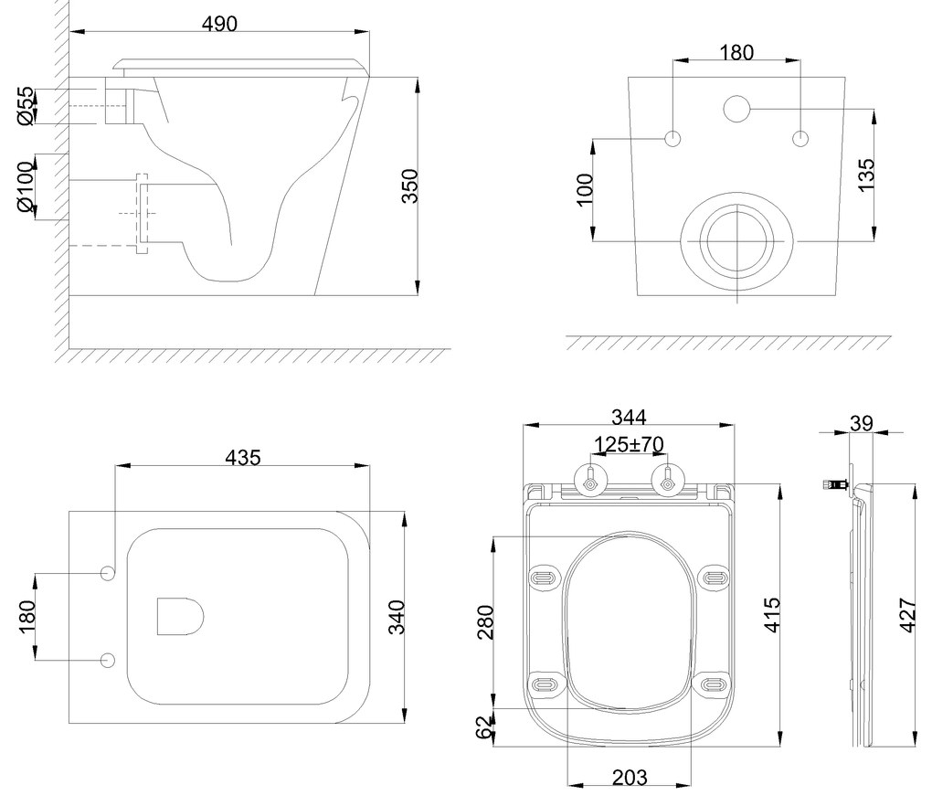 Erga Mery, závěsná WC mísa Rimless Tornado Flush 490x340x350 mm + toaletní sedátko s pomalým zavíráním, bílá, ERG-MERY-CE-94-001