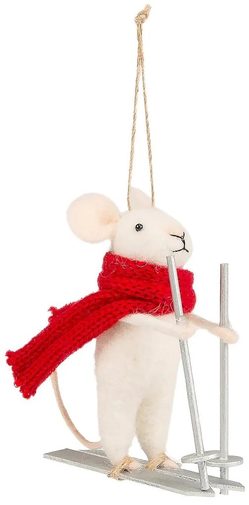 sass & belle Závěsná ozdoba Skiing Mouse, červená barva, šedá barva, bílá barva, dřevo, papír