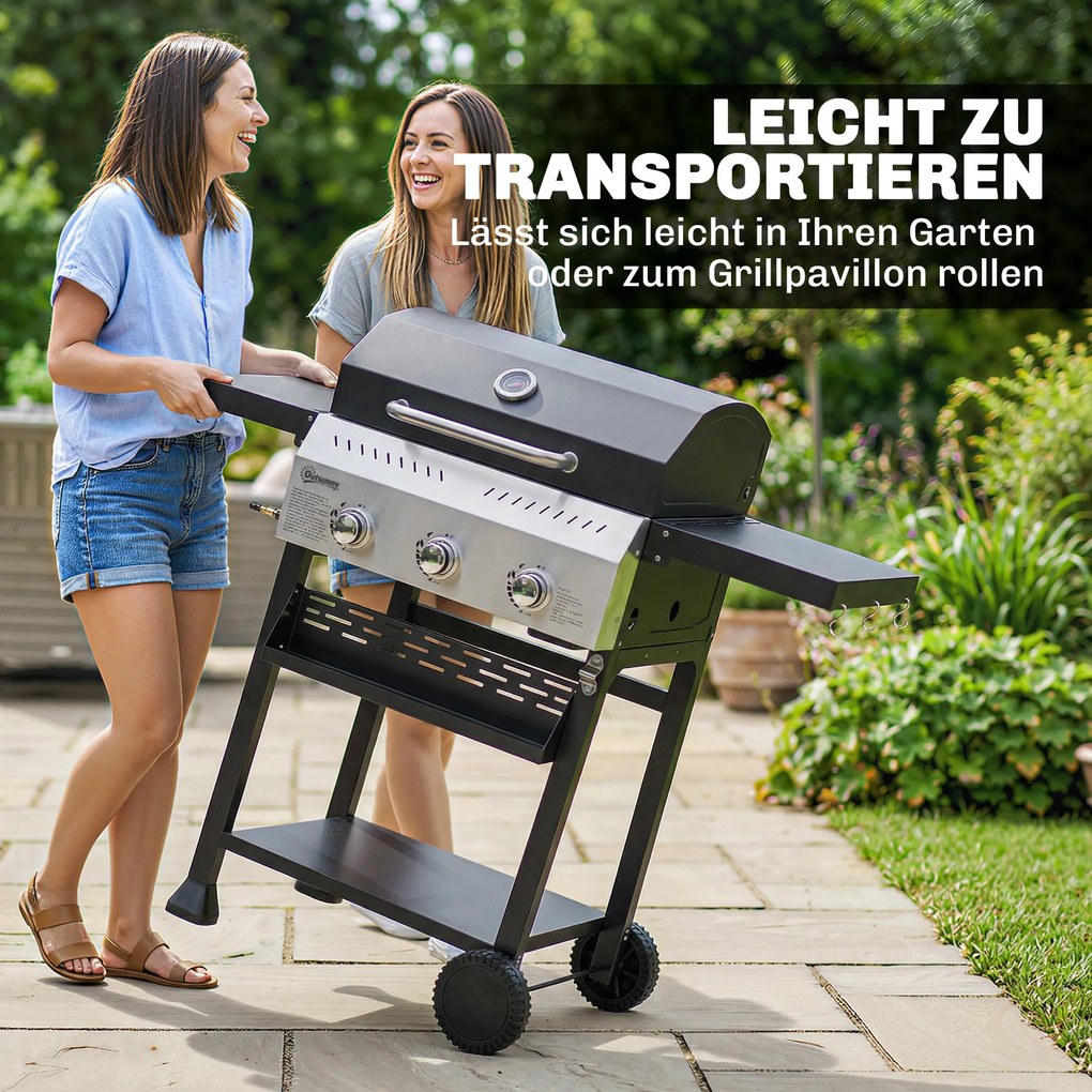 Outsunny Plynový gril 9 KW 3 hořáky BBQ grilovací vozík z nerezové oceli včetně skládacího bočního stolku držák na koření spodní police 6 háčků