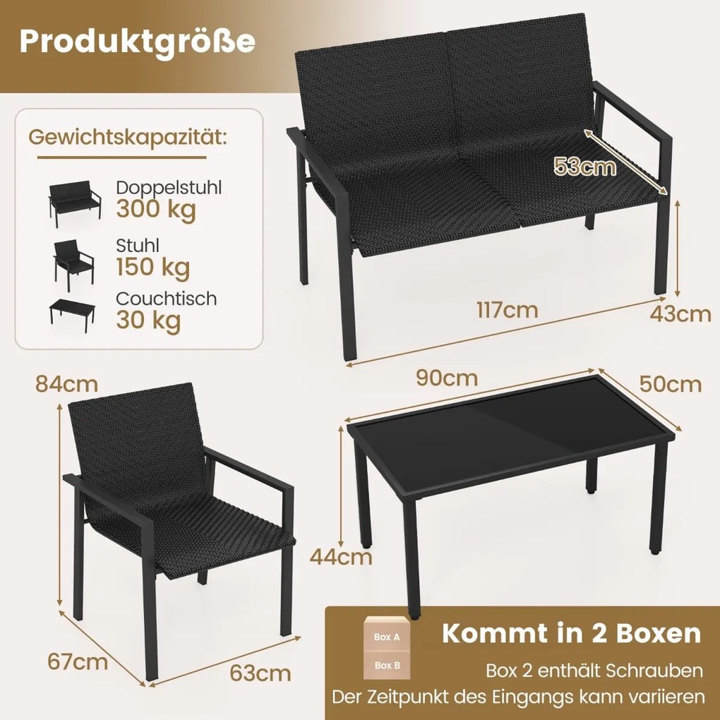 Costway 4 ks. Olyrattan Gartenmöbel Set inkl. 2 Stühlen a Bank a Tisch – černý