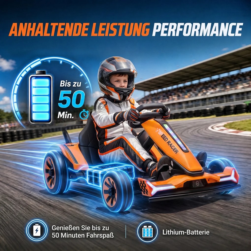 AIYAPLAY 12V elektro-go-kart pro děti 3-8 let, nastavitelné sedadlo, 3 rychlosti, plynulý start, oranžová