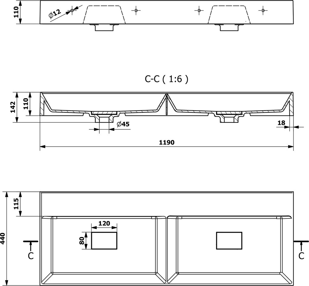 Sapho, GODIVA dvojumyvadlo 119x44cm, litý mramor, bílá, GU119-0