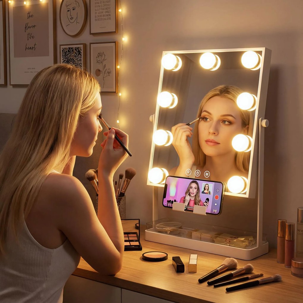 HOMCOM Hollywood make-up zrcátko s osvětlením, 9 LED lamp, 3 barvy, dotykový spínač, držák na mobil, bílé