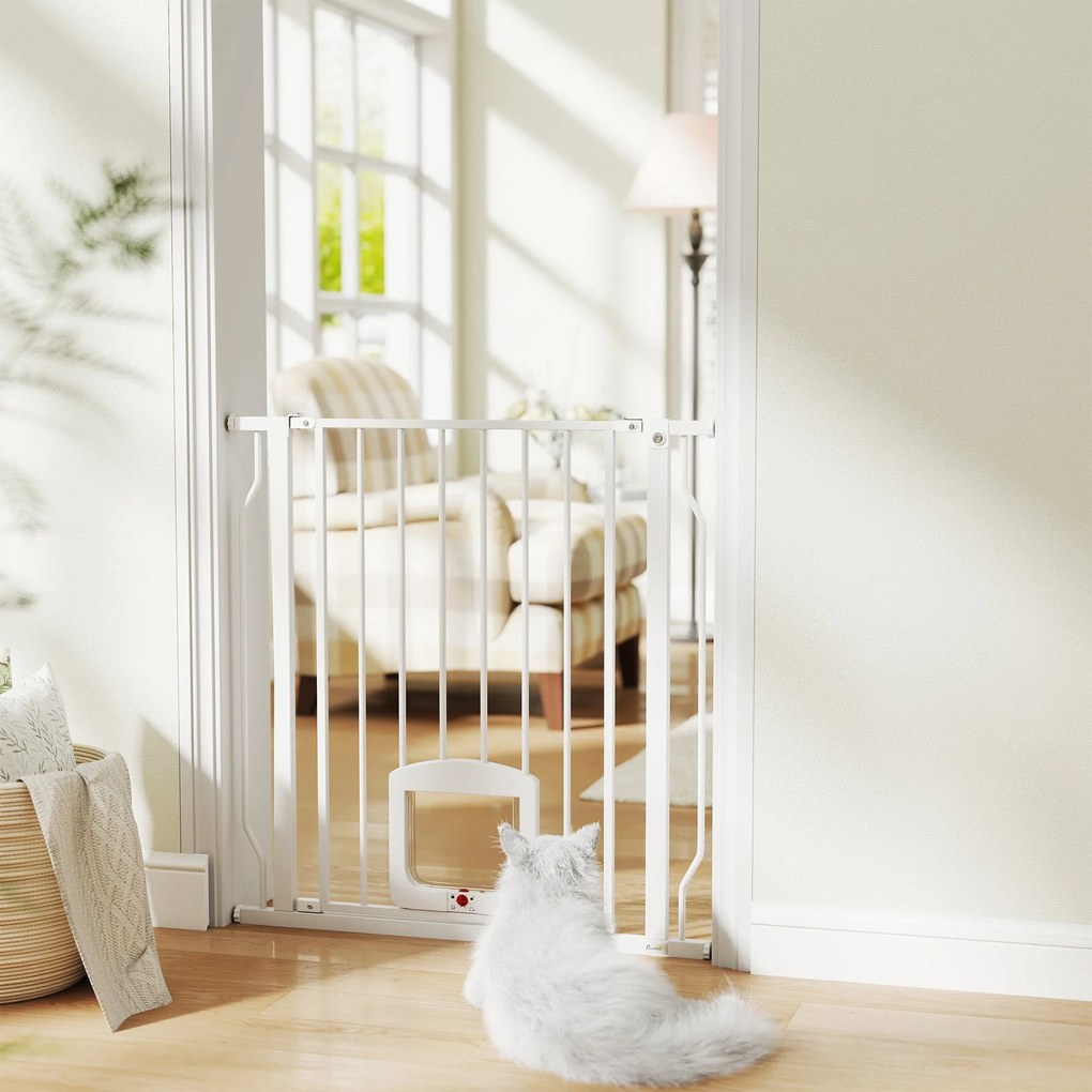 PawHut rozšiřitelná bezpečnostní brána pro psy, 75–85 cm — do dveří a na schodiště, malá dvířka, tlakové uchycení, dvojité zamykání, bílá | Aosom