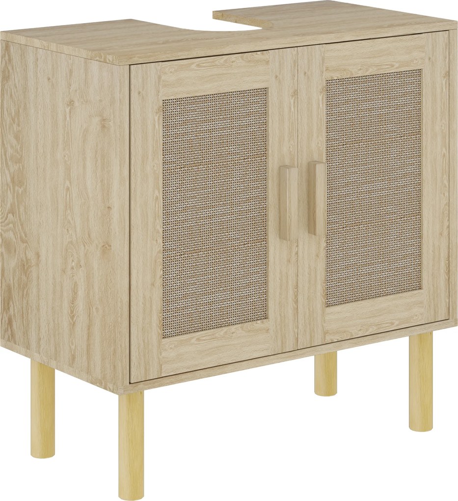 HOMCOM koupelnová skříňka pod umyvadlo, úložný prostor, ratanové dveře, bohémský styl, nohy z borovice, 2 úrovně, 60 x 30 x 60 cm, Dub