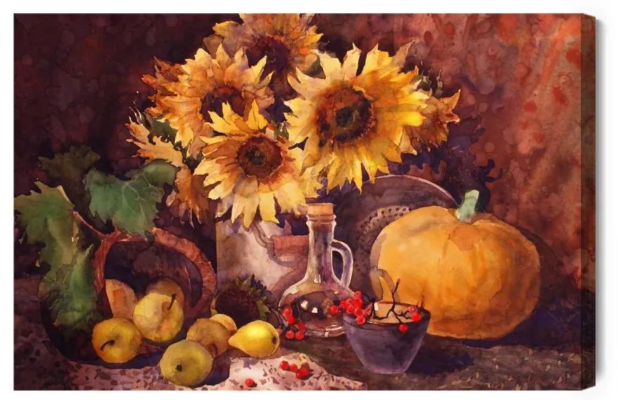 Obraz Zátiší Se Slunečnicemi A Ovocem Nedostatek Nedostatek Přírodní plátno 120x80
